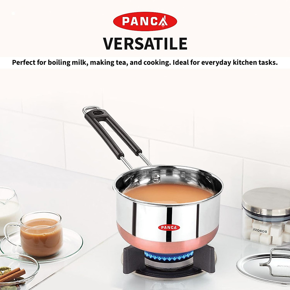 PANCA Tea Pan Stainless Steel Copper Bottom Sauce Pan Milk Pan Tapeli Patila Induction Base 1.5 Litre Sauce Pot Milk Boiler with Handle (1500 ml)