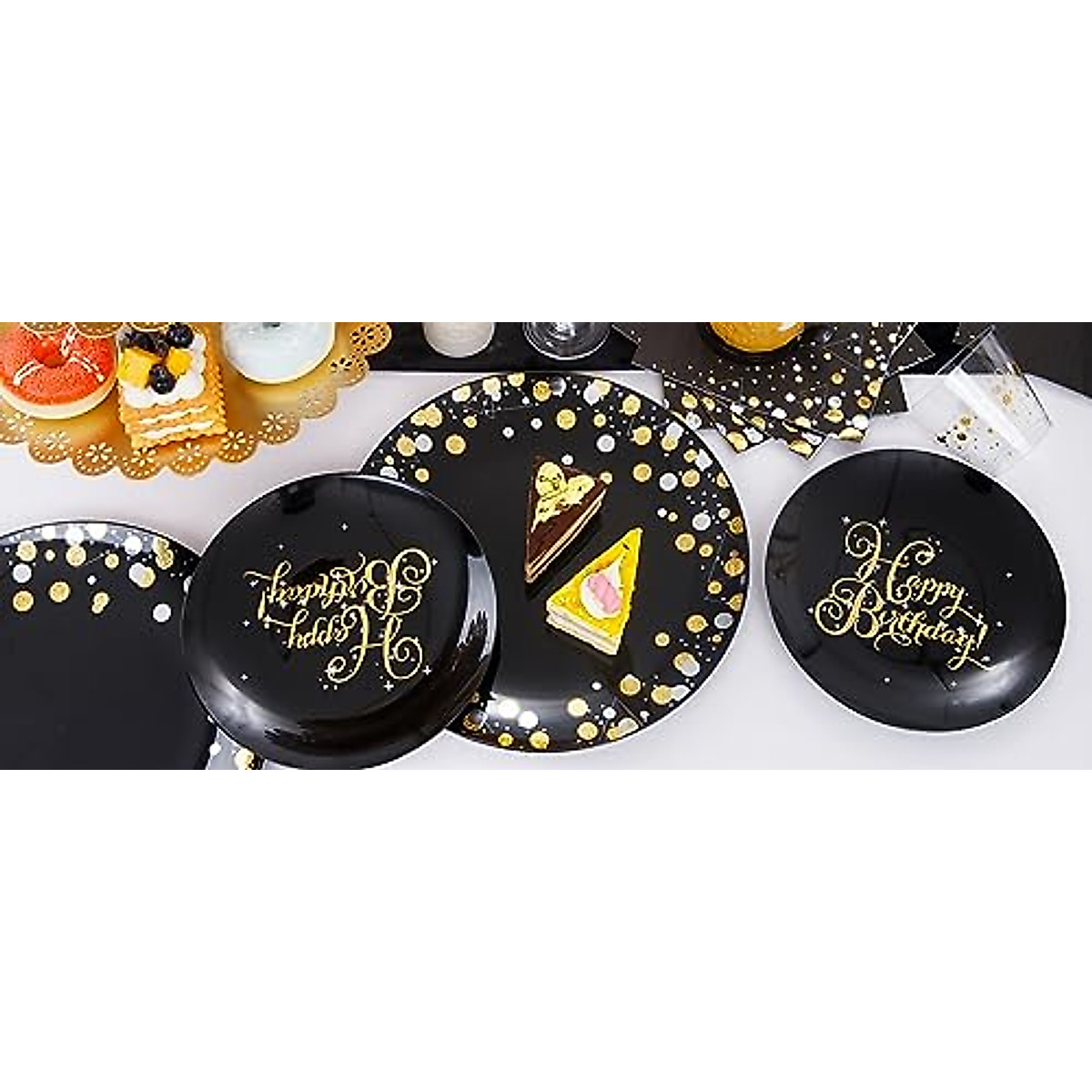 Nervure 175PCS Happy Birthday Plates - Black Plastic Plates with Gold & Silver Dot Include 25 Dinner Plates, 25 Dessert Plates, 75 Plastic Silverware, 25 Cups, 25 Napkins for Birthday & Party