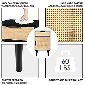 DOALBUN OKL Tall Nightstand Set of 2,Rattan End Table with Drawer and Decorated Doors,Side Table Solid Wood Accent Bedside Table with Storage for Living Room,Bedroom (Black)