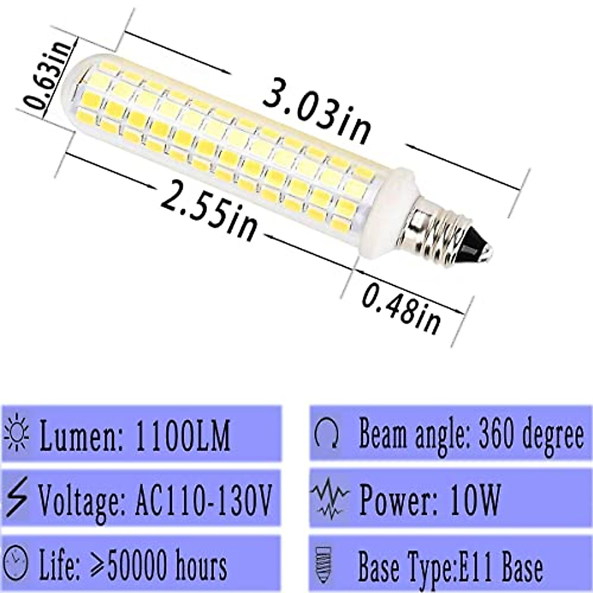 New Upgrade -E11 led Bulb,125 LEDs 100W 120W Halogen Bulbs Equivalent, 10w 1100lm, E11 Mini Candelabra Base White 6000k,AC 110V/130V,JD T3 T4 Bulb (2 Packs)