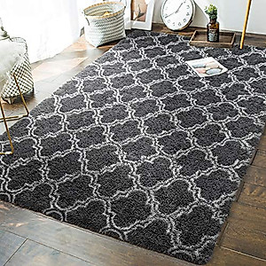 Andecor Geometric Bedroom Rugs, 5 x 8 Feet Shaggy Area Rug Mordern Indoors for Living Room Girls Boys Kids Room Dorm Nursery Home Holiday Decor Floor Carpet, Dark Grey & White