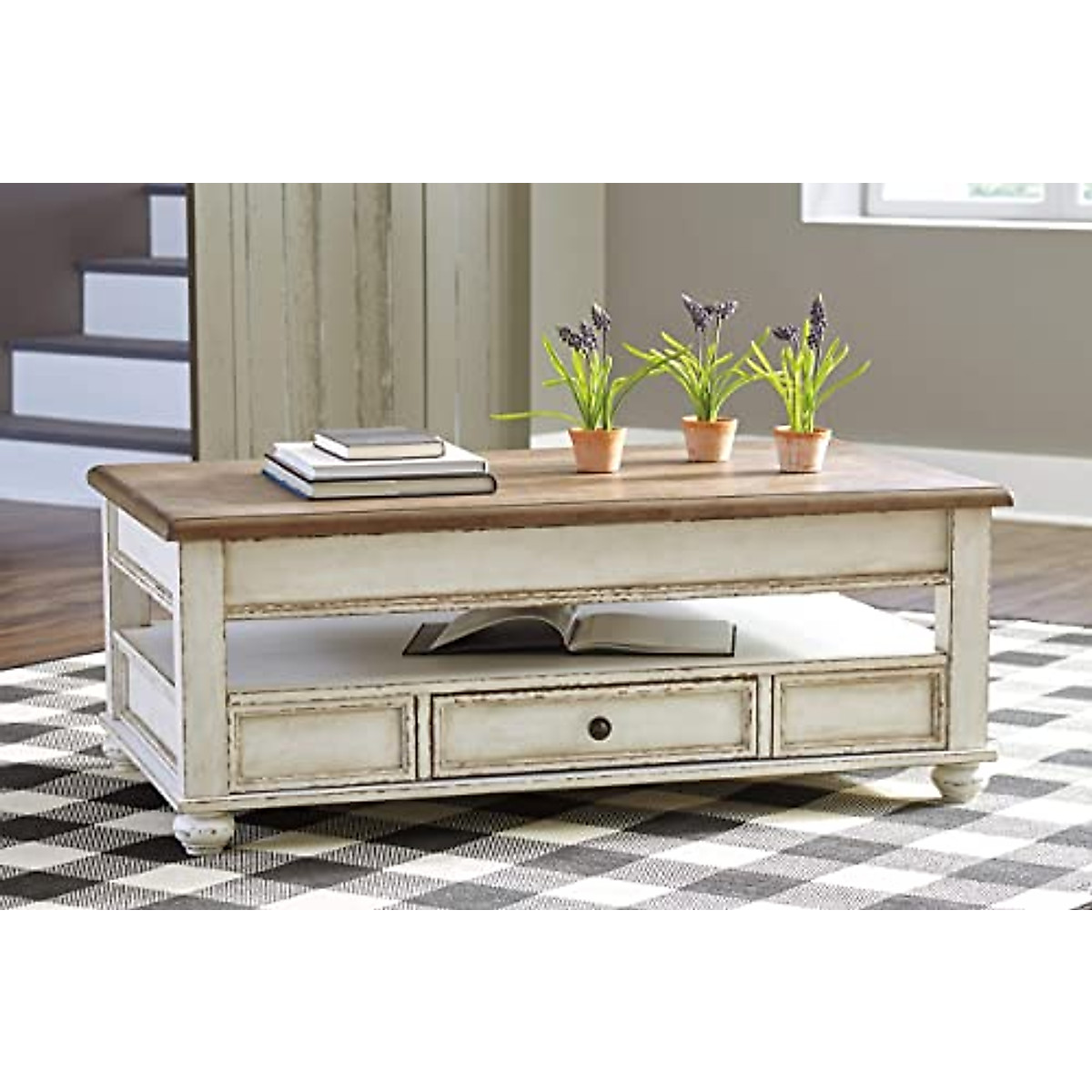 Signature Design by Ashley Realyn Vintage Farmhouse Rectangular Lift Top Coffee Table with Storage Drawer, White & Brown