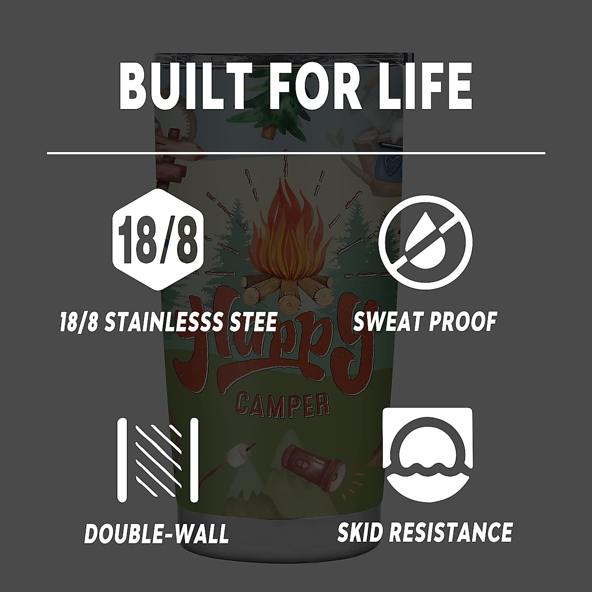 Delsakhula Happy Camper Tumbler - Insulated Stainless Steel Travel Mug With Lid - 20 OZ Gift for Women Men - Birthday Coffee Cup