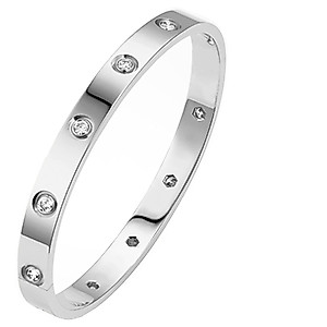 PDWZNBA 18k Gold Plated Love Friendship Bracelet with Cubic Zirconia Stones Bangle Cuff Best Gifts with Crystal for Mother's Day Valentine's Day Wedding Couples and Birthdays. 7.9 inches - Silver