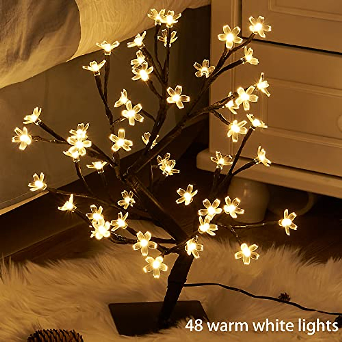 PEIDUO 17.5” Lighted Cherry Blossom Tree 48 Warm White Lights Plug in Adapter Light up Bonsai Tree for Christmas Indoor Home Bedroom Office Living Room Tabletop Tree Night Light Artificial Plants