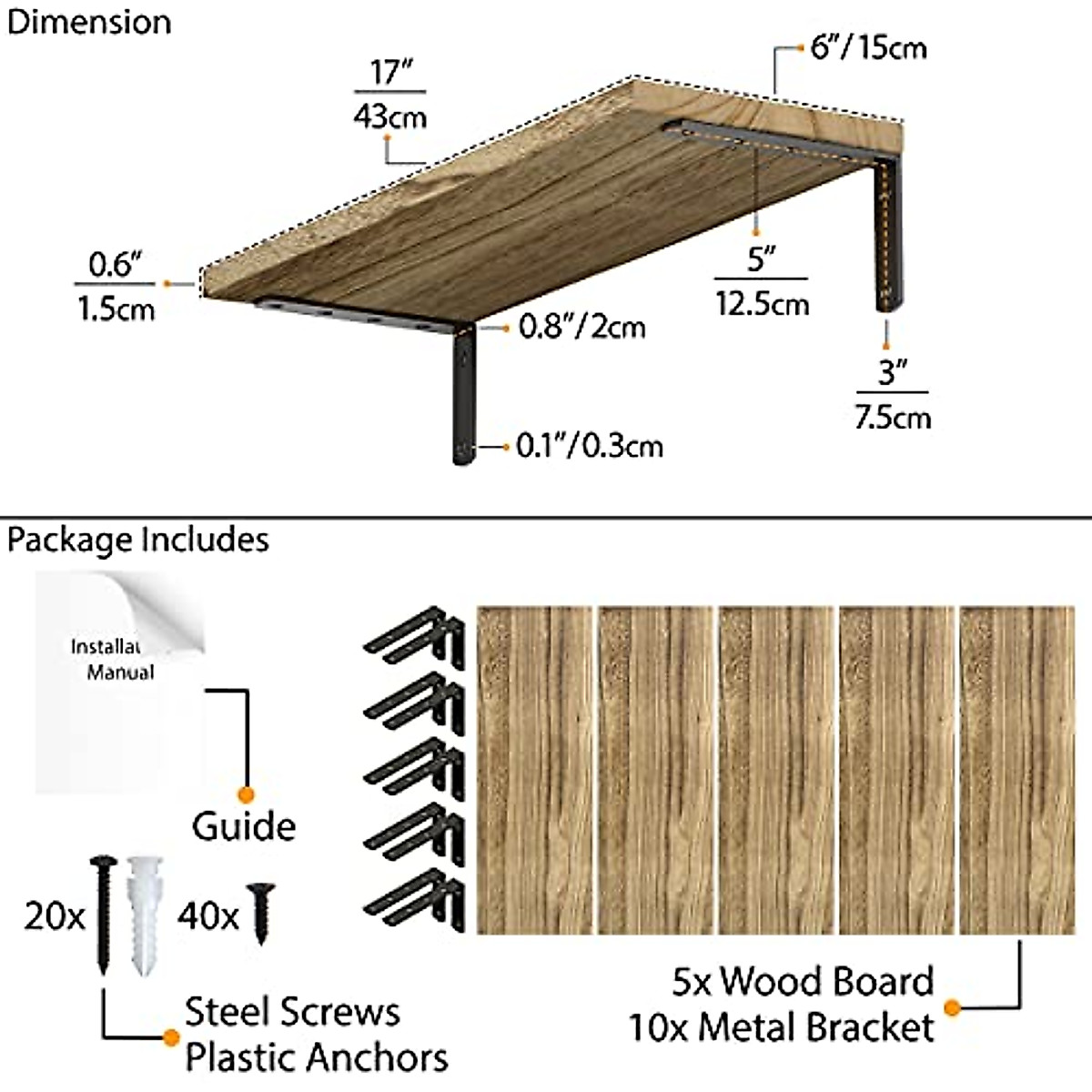 Wallniture Palma Floating Shelves for Wall, Rustic Wood Wall Shelves for Bedroom Storage, Natural Burned Small Bookshelf Set of 5