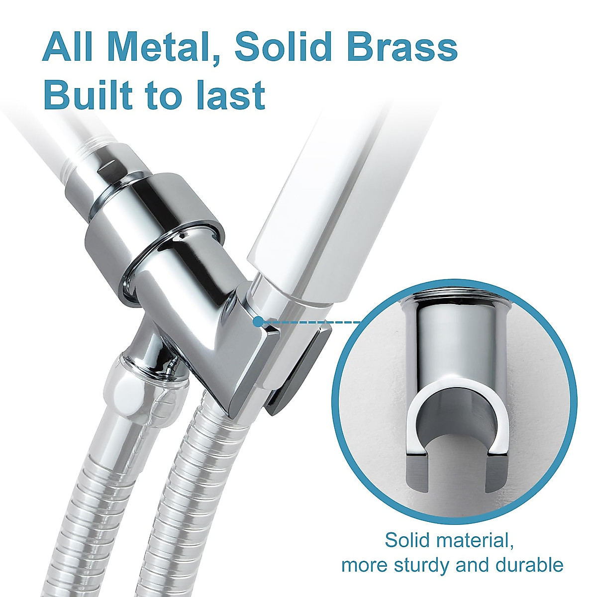 OFFO Shower Head Holder All Metal for Handheld Shower Head, Adjustable Shower Arm Mount with Solid Brass Pivot Ball, 1/2 Inch IPS Female Inlet and Male Outlet, Chrome