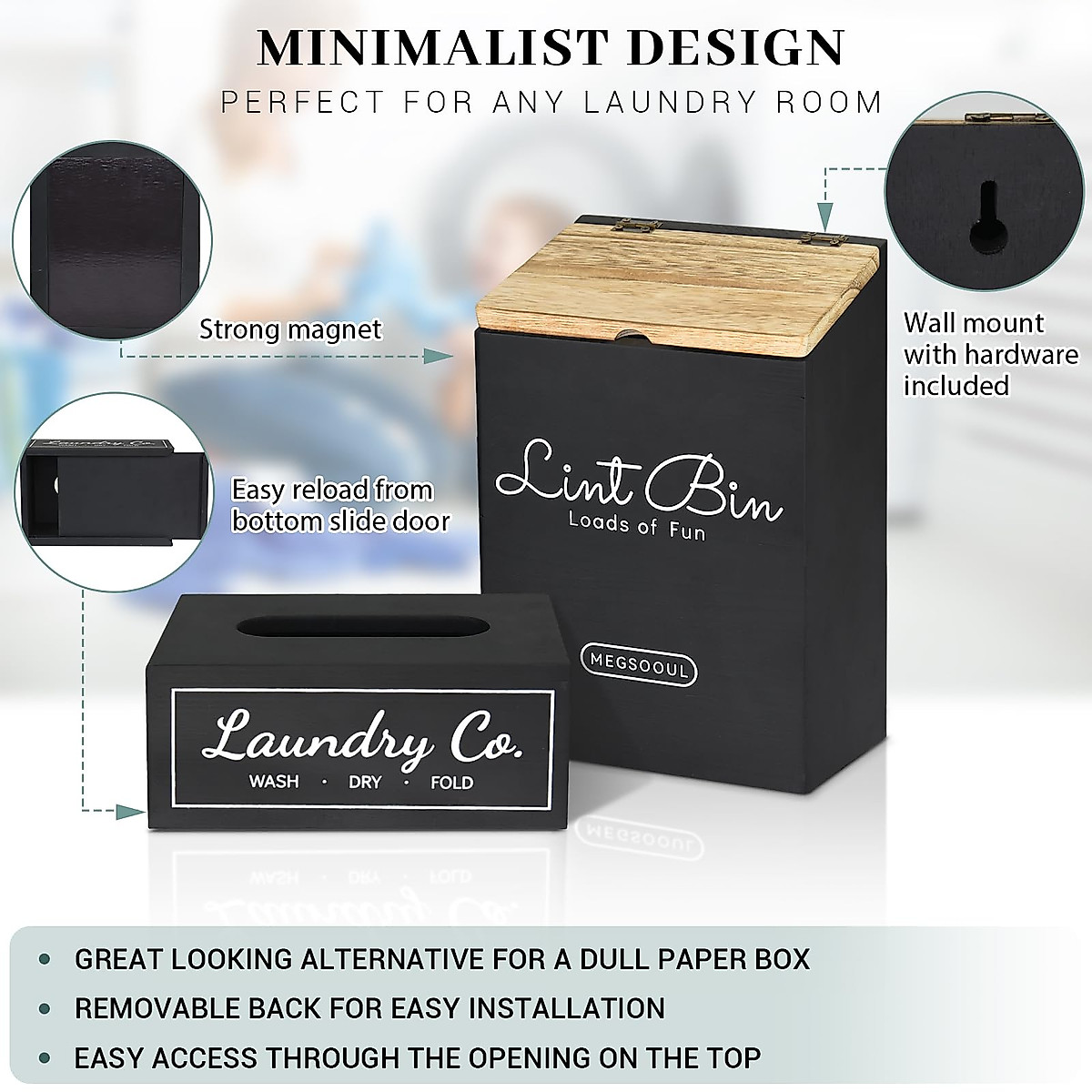 Megsooul Magnetic Lint Bin and Dryer Sheet Holder Set for Laundry Room, Farmhouse Wooden Lint Trash Can with Lid and Dryer Sheet Dispenser Box Magnetic for Mounting,Stylish Laundry Room Organization