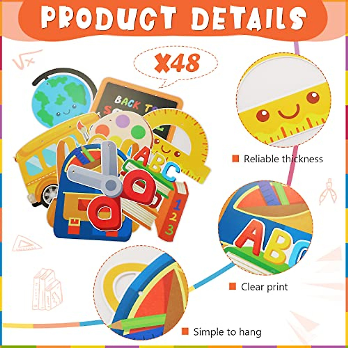 48 Pieces Back to School Cutouts Classroom Hanging Decorations Back to School Party Ornaments Bulletin Board Decor with Ropes and Glue Points for Kindergarten Preschool Primary High School