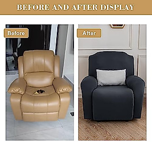 Jin Le Recliner Chair Covers Stretch Recliner Cover(Recliner, Drak Gray) 4 Pieces Recliner Couch Cover for Large Recliner Soft Spandex with Pocket Elastic Bottom and Ties Furniture Protector for Pet