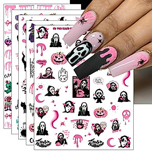 JMEOWIO 9 Sheets Pink Halloween Nail Art Stickers Decals Self-Adhesive Pegatinas Uñas Cute Skull Ghost Witchy Spider Web Bat Candy Pumpkin Nail Supplies Nail Art Design Decoration Accessories