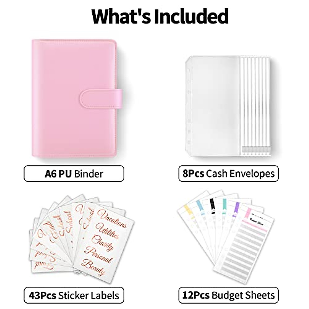 Sooez [Pastel Collection] Money Organizer for Cash, A6 Leather Budget Binder with Zipper Envelopes, 43 Large Rose Gold Sticky Labels & Extra Thick Expense Sheets, Money Saving Binder for Budgeting