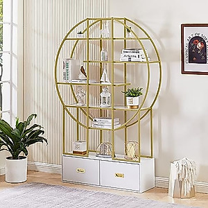 WADRI Modern 5-Tiers Open Shelf with 2 Drawers, 70.8 Inch Round Office Bookcase Bookshelf, Storage Bookshelf with Gold Staggered Storage Frame for Livingroom Bedroom Home Office