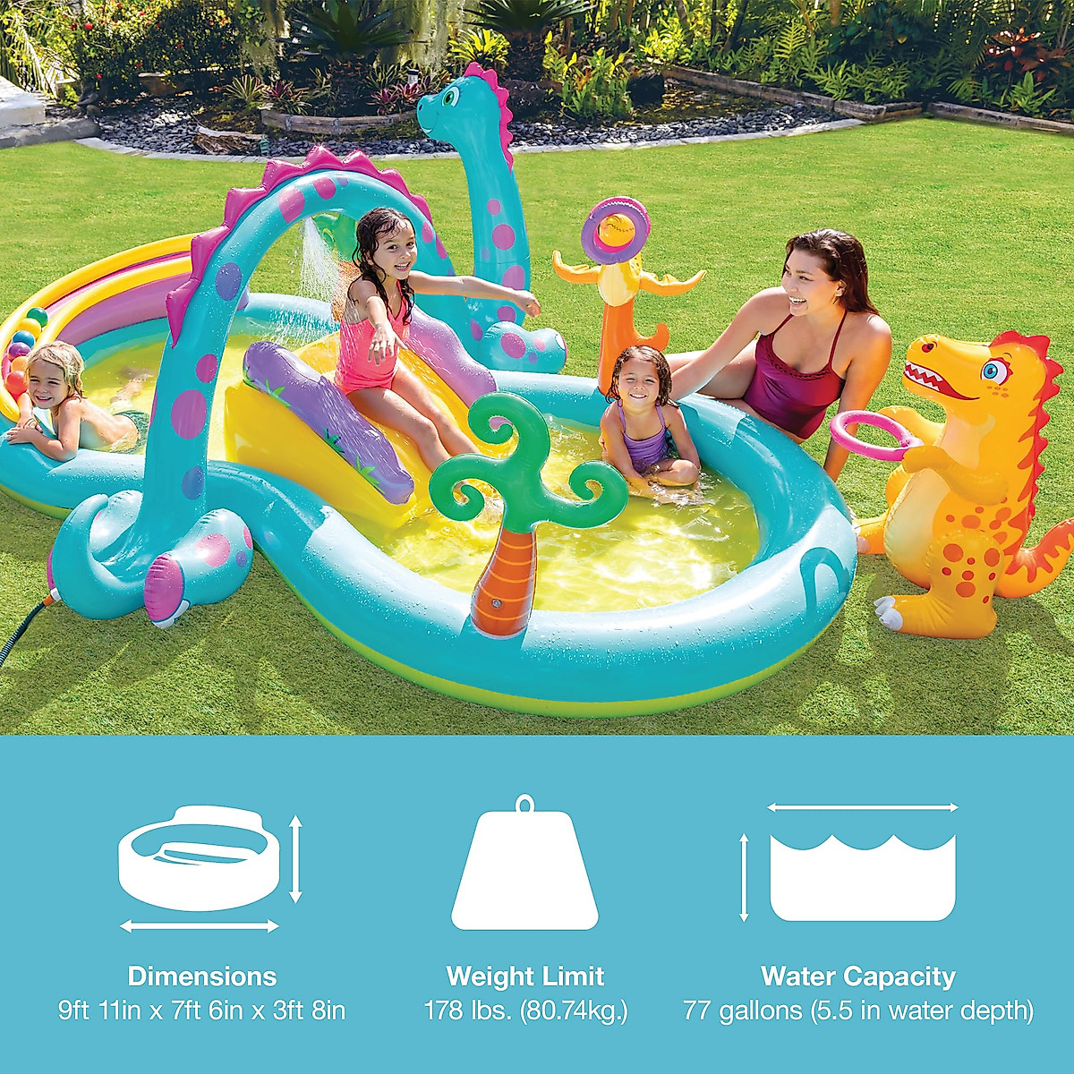 Intex Dinoland Play Center Kiddie Inflatable Pool and Dinosaur Water Splash Swimming Pool with Water Sprayers, Waterfalls, Slides, and Games