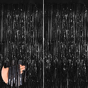 Black 2 Pack Metallic Tinsel Foil Fringe Curtains, 3.3x8.3 Feet Black Streamers for Party, Door Streamers Party Decorations, Party Streamers for Birthday Christmas Party Decorations