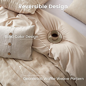 BISELINA 100% Cotton Duvet Cover Set Waffle Weave 3PCS (1 Comforter Cover, 2 Pillow Shams) Reversible Soft Skin-Friendly Breathable Shabby Chic Bedding for All Season - Khaki, Queen Size