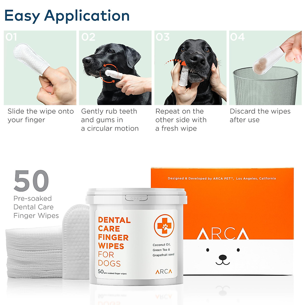ARCA PET Dental Finger Wipes for Dogs - 50 Wipes - Vet Formulated Dog Dental Teeth Cleaning Wipes for Dogs - Pre-Soaked Oral Cleaning Pads- Reduces Plaque, Tartar & Dog Breath Freshener