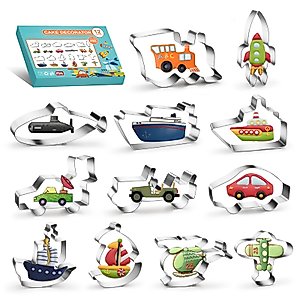 Transportation Vehicle Cookie Cutter Set - 12PCS Stainless Steel Biscuit Cutter Molds - Car, Plane, Train, Sailing boat, Steamship, Rocket Shaped Cookie Candy Cutters, DIY Fruit Bread Cutter for Kids