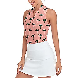 Soneven Womens Sleeveless Golf Polo Shirt Zip Up Printed Tennis Shirts Quick Dry Mesh Athletic Golf Tank Top