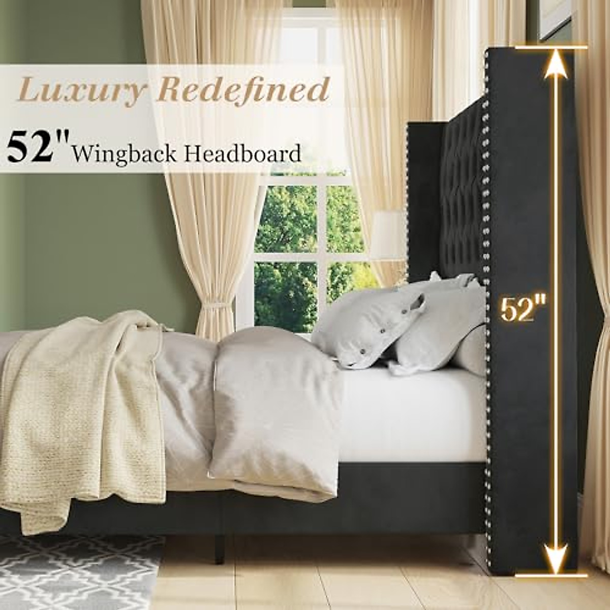 Jocisland King Upholstered Bed Frame with Tall Headboard Wingback Platform Bed Tufted Deep Button Velvet/No Box Spring Needed/Easy Assembly/Black