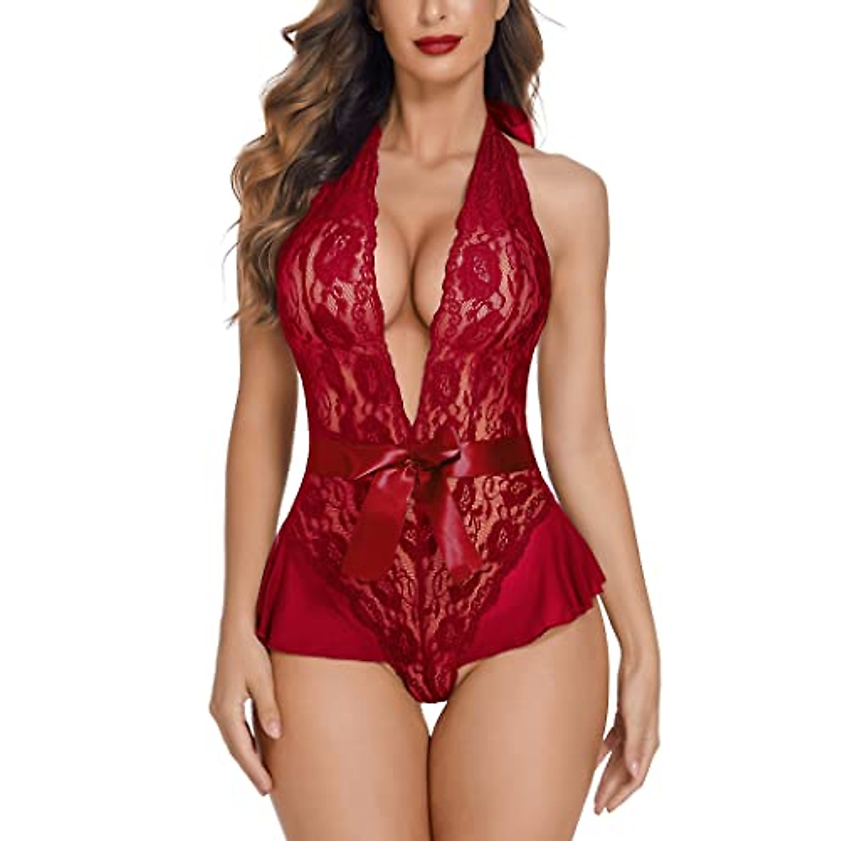 Avidlove Women Lingerie Teddy Deep V Halter One Piece Babydoll Mini Lace Bodysuit Wine Red Medium Wine Red Large