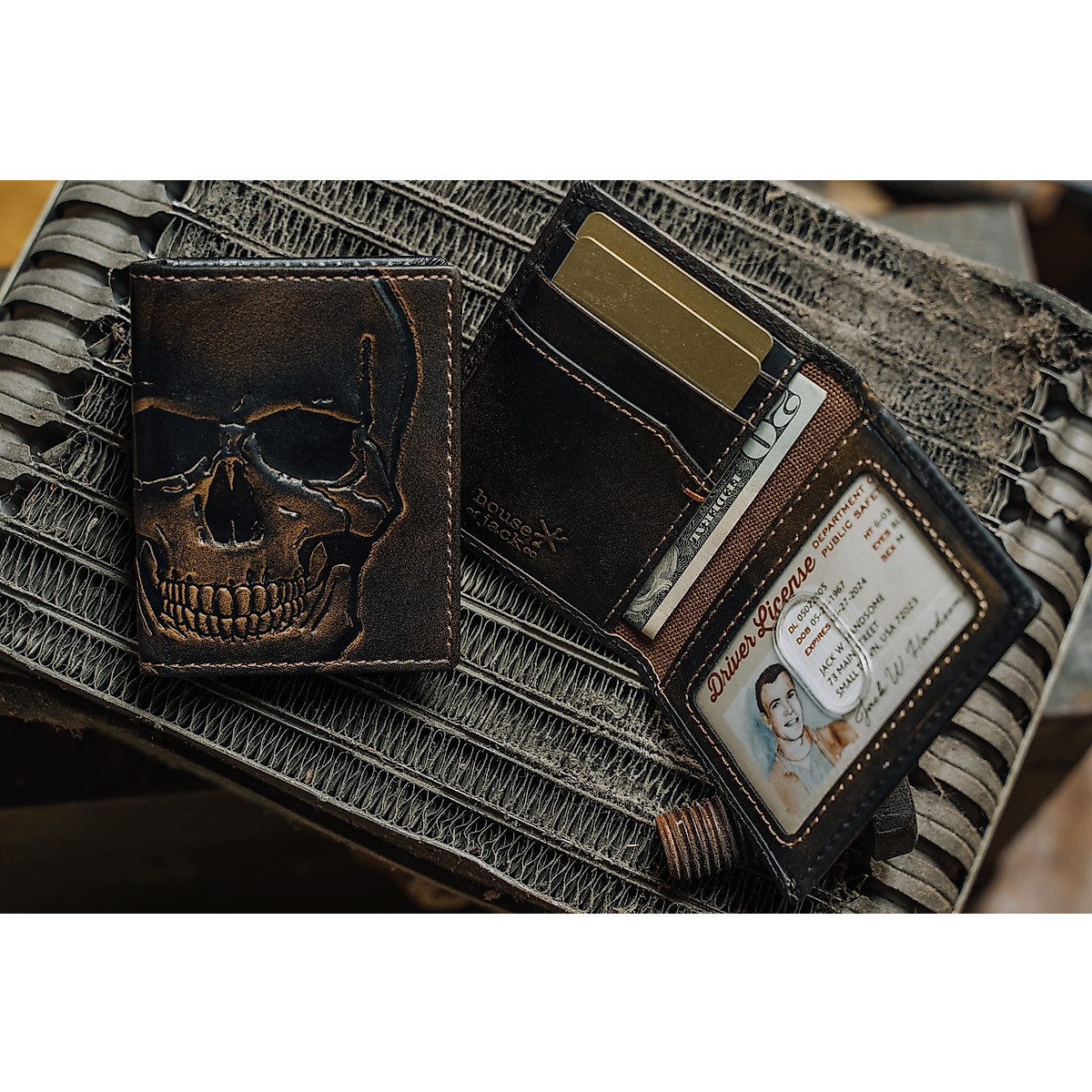 House of Jack Co. SKULL Slim Card Wallet | Minimalist Bifold Card Case | Slim Front Pocket Card Holder | Handburnished Premium Leather