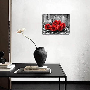 YMYXMC33 Red Rose Flower Picture Decor Wall Art Canvas Print Black and White Poster Country Love Decoration Bedroom Kitchen Bathroom12x15