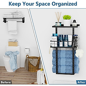 Johamoo Towel Racks for Bathroom, Wall Mounted Towel Rack for Rolled Towels with Shelf, Camping Chair Storage for Garage, Multifunctional Metal Storage Rack Wall Holder Organizer with Storage Basket