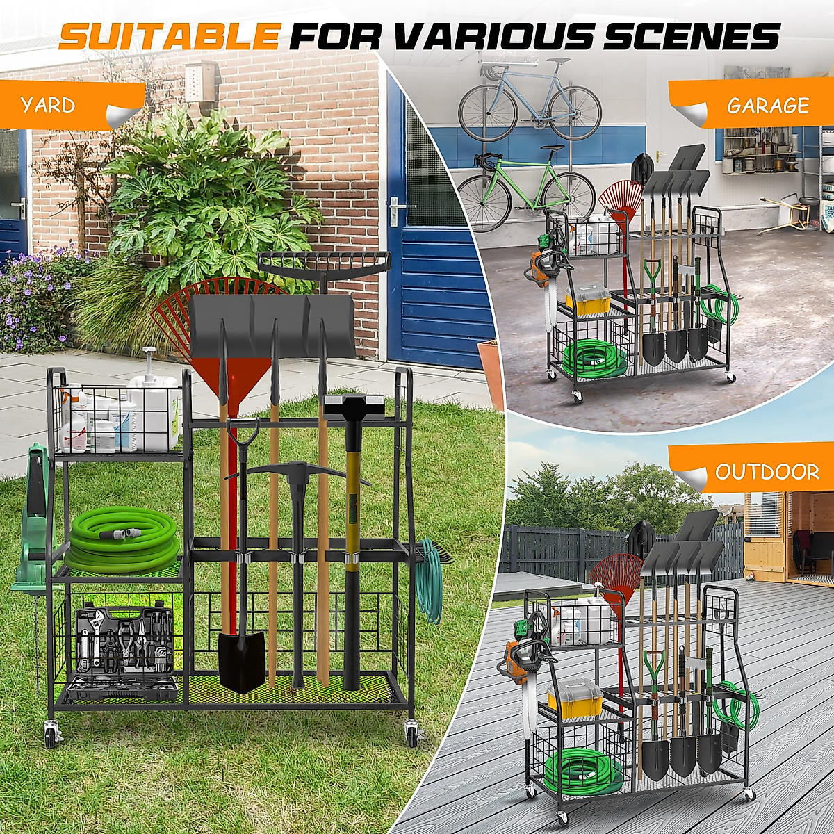 Rengue Large Garden Tool Organizer 3 Tier Yard Tool Rack with Slots & Hooks, Heavy Duty Metal Shelf Yard Tool Holder, Utility Stand Rack for Garage Organization and Storage for Garage, Backyard, Lawn