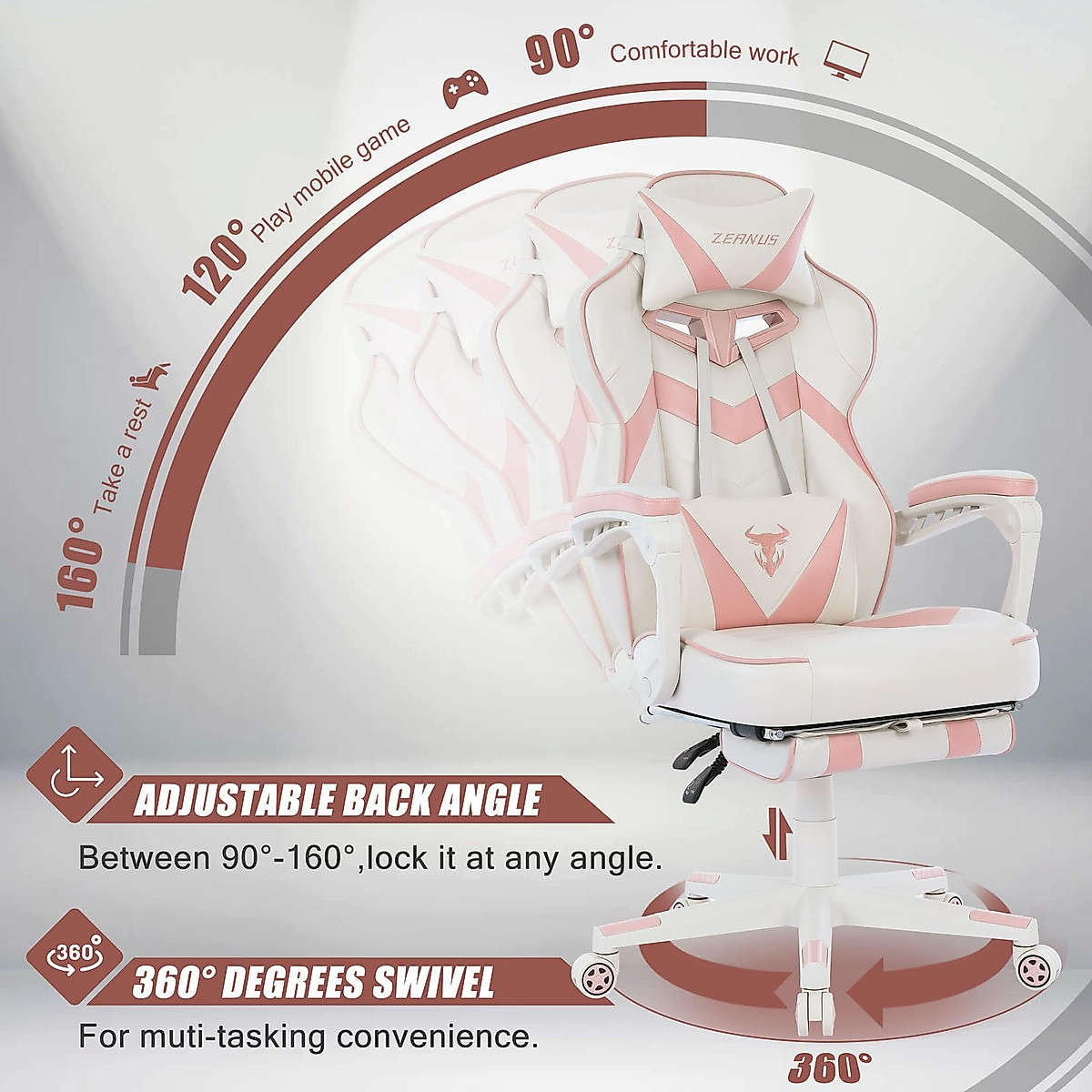 Zeanus Gaming Chair Pink Game Chair for Girls High Back Gaming Chairs for Adults Reclining Computer Chair with Footrest Ergonomic Gamer Computer Chair with Massage Gaming Chair for Women