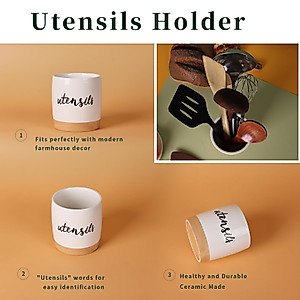 LEETOYI Ceramic Utensil Holder, Utensil Crock for Kitchen Counter, Countertop Utensil Storage Caddy Organizer, Farmhouse Kitchen Decor, Easy to Clean 33oz, White
