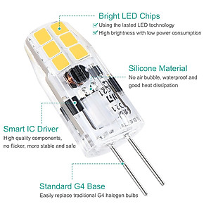 Amazing power G4 LED Bulb, G4 Light Bulb Type Bi Pin Base Bulb AC/DC 12V 20W Equivalent G4 Halogen Bulbs for Under Cabinet Range Hood Lighting Soft White 2700K 5-Pack