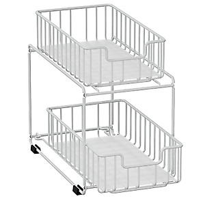 SUFAUY Pull-Out Sliding Drawer, 2 Tier Cabinet Organizer Metal Basket for Countertop Bathroom Storage, Under Kitchen Sink Organizer, Office, Wire Grid, White