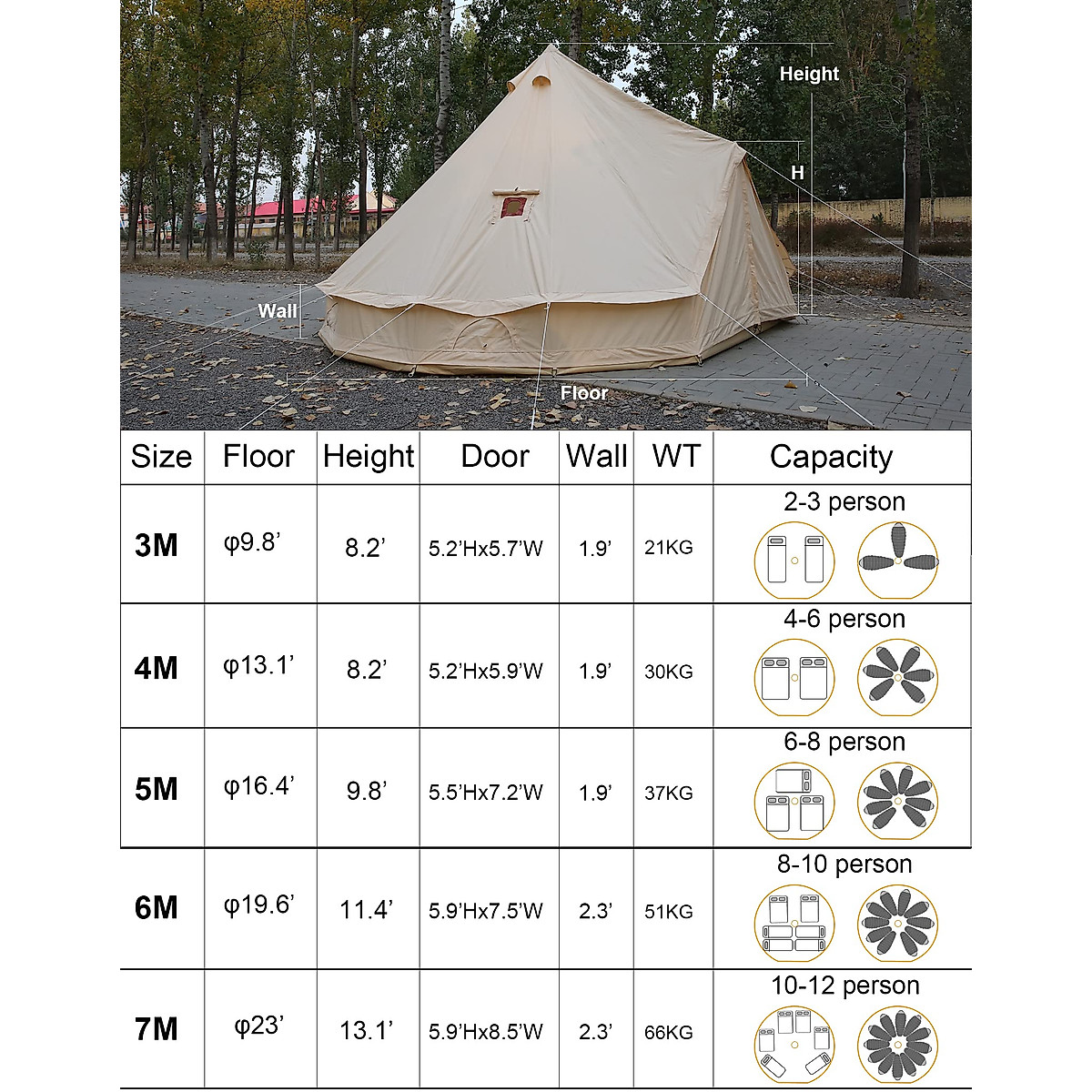 WINTENT Waterproof 4 Season Cotton Canvas Bell Tent with Stove Hole and Electric Cable Hole for 4/6/8/10/12 Persons (Cotton Tent, 3M/9.84ft)
