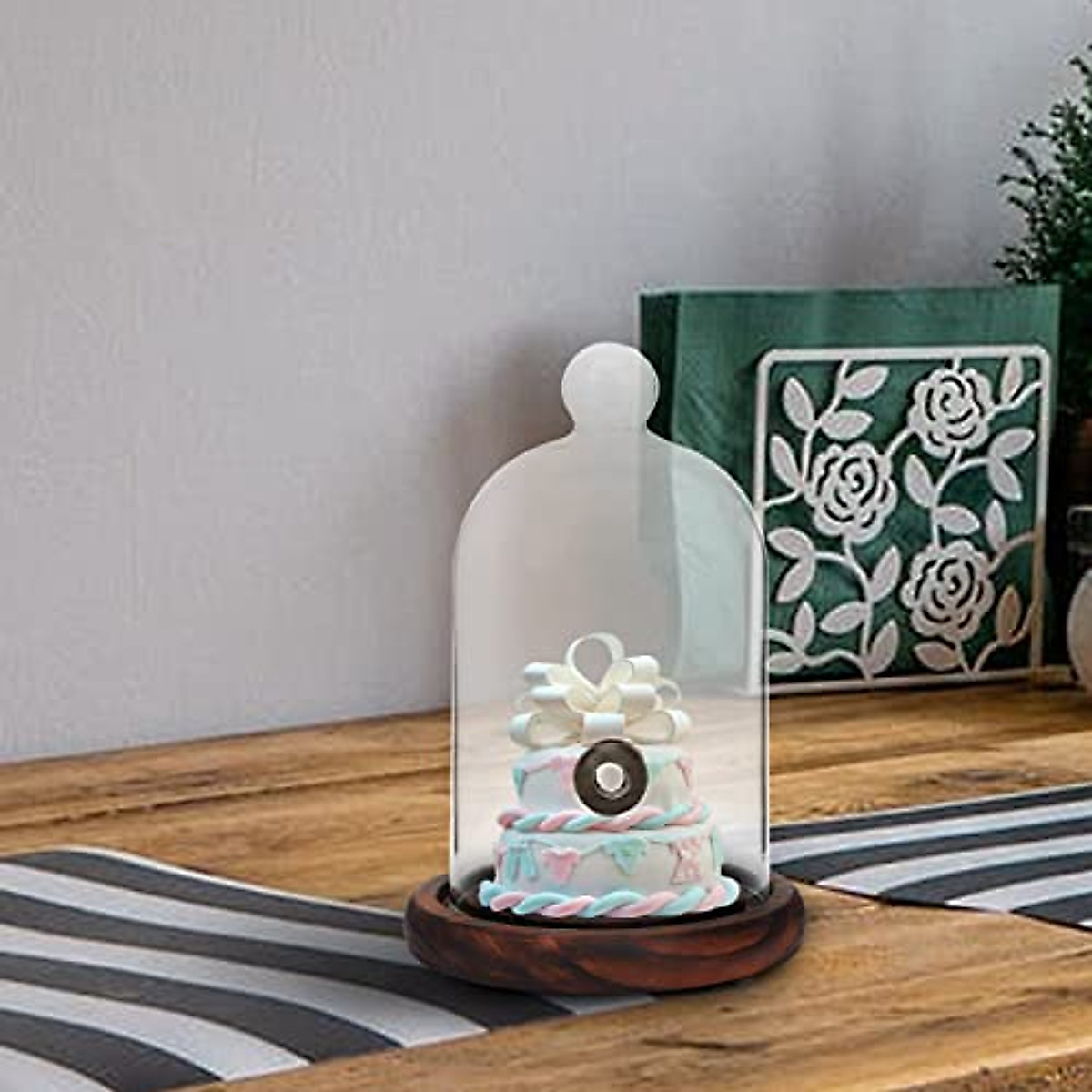 YARDWE Smoking Cloche Dome with Wooden Base Glass Cocktail Infuser Lid Elegant Dessert Stand Cake Display Stand Food Cover 19x10cm