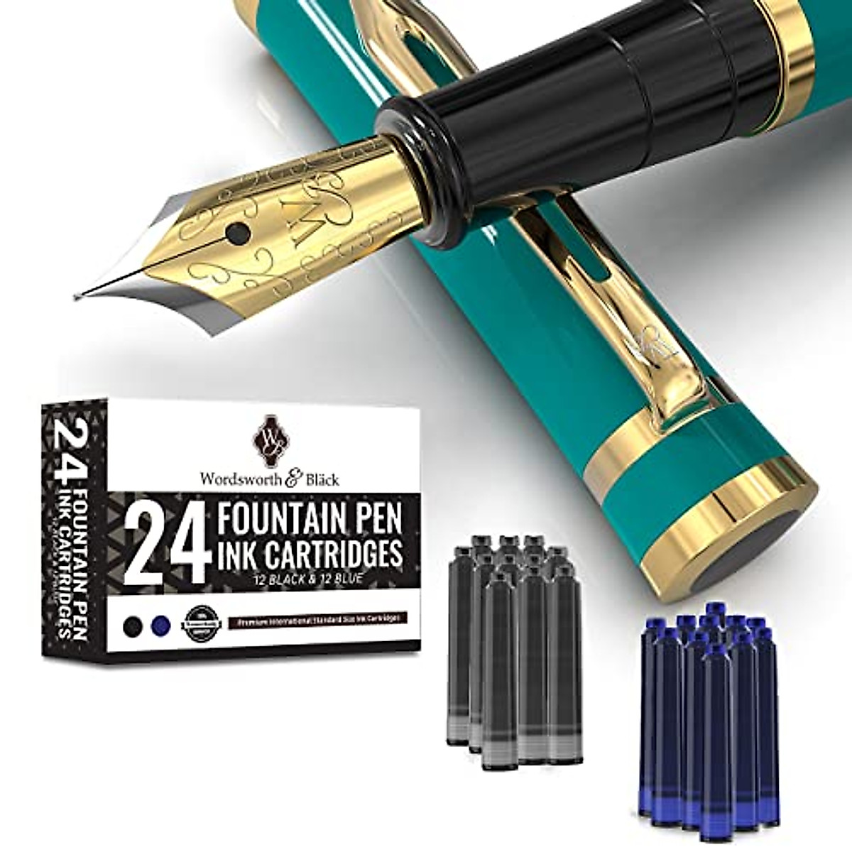 Wordsworth & Black Fountain Pen Set, Medium Nib, Includes 6 Ink Cartridges and Ink Refill Converter, Journaling, Calligraphy, Smooth Writing Pens [Turquoise Gold], Men and Women,1 Count (Pack of 1)