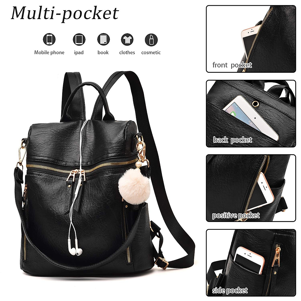 BAG WIZARD Designer Leather Backpack Purse Multifunctional Ladies Backpacks Solid Shoulder Headphone Plug Bags for Womens Book Bags (Retro-Brown)