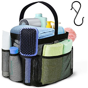 WSSROGY Portable Mesh Shower Caddy Tote Bag with 8 Pockets for Camping, Swimming, Gym, Bathroom, Dorm (Black)