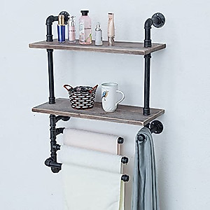 Industrial Towel Rack with 3 Towel Bar,24in Rustic Bathroom Shelves Wall Mounted,2 Tiered Farmhouse Pipe Shelving Wood Shelf,Metal Floating Shelves Towel Holder,Iron Distressed Shelf Over Toilet