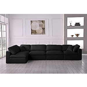 Meridian Furniture Plush Collection Contemporary Down Filled Cloud-Like Comfort Overstuffed Velvet Upholstered Modular L-Shaped Sectional, 5-Seater, Semi-Armless, Black