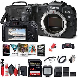 Canon EOS RP Mirrorless Digital Camera (Body Only) (3380C002) + 64GB Memory Card + Case + Corel Photo Software + 2 x LPE17 Battery + Charger + Card Reader + LED Light + Flex Tripod + More (Renewed)
