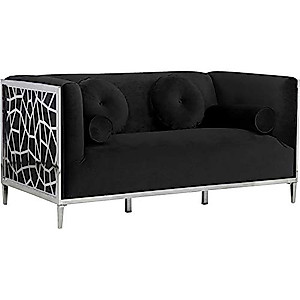 Meridian Furniture Opal Collection Modern | Contemporary Velvet Upholstered Loveseat with Intricate Chrome Stainless Steel Design, Black, 64.5" W x 33.5" D x 30.5" H
