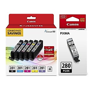 Genuine Canon CLI-281 5-Color Ink Tank Combo Pack with 5 x 5 Photo Paper (2091C006) Canon PGI-280 Pigment Black Ink Tank (2075C001)