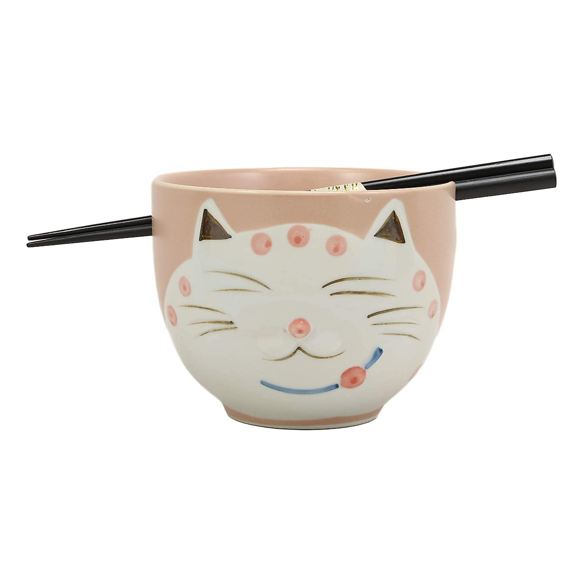 Ebros Whimsical Ceramic Peachy Pink Lucky Meow Cat Pasta Ramen Udong Pho Noodles Soup Bowl and Chopsticks Set Dining Gourmet Meal Feline Cats Collection Rice Bowls Decor Kitchen