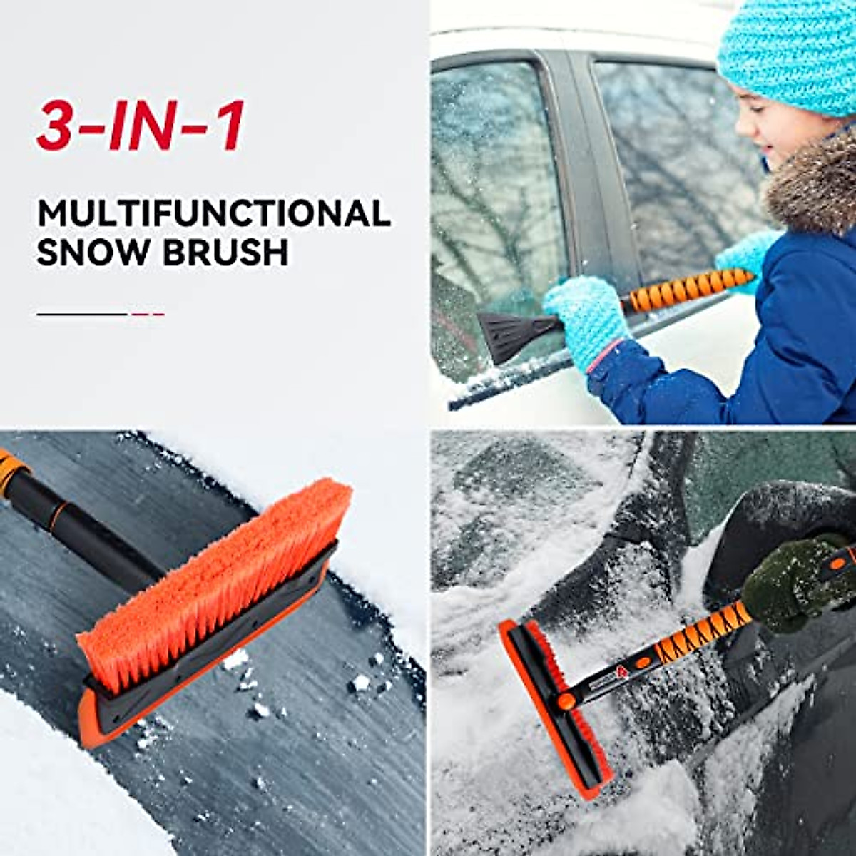 Andeman 52" Extendable Snow Brush and Ice Scraper Car Windshield, Foam Grip, 180° Pivoting Brush Head, Ice and Snow Remover for Cars Trucks RV SUV, House Window and Roof