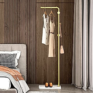 VEKOID Metal Coat Rack Freestanding with Natural Marble Base, Entryway Coats Hanger Stand with 3 Hooks, Home Hotel Hall Tree for Coats, Hats, Scarves, Clothes, and Handbags (Light Gold)