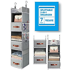 Yecaye Upgraded 7-Shelf Hanging Closet Organizers and Storage with 3 Drawers 4 Side Pockets, 2 Flexible 3-Shelf Closet Organizer System, Clothes Organizer Shelves for Bedroom Closet Rack
