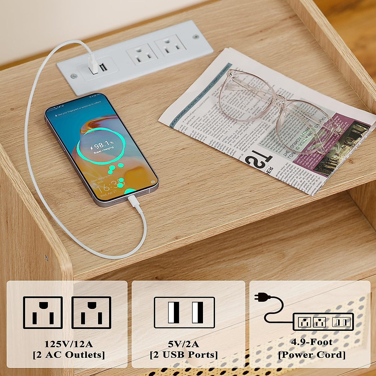 Lerliuo Rattan Nightstand with Charging Station, Boho Side Table with Drawer Open Shelf, Cane Accent Bedside End Table with Solid Wood Legs for Bedroom, Dorm and Small Spaces