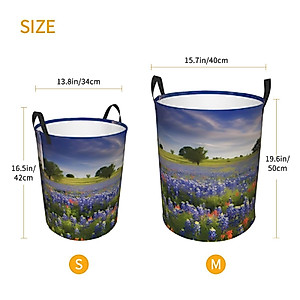 Round Laundry Basket with Handles Waterproof Laundry Hamper for Bathroom Texas Bluebonnets Scenery Circular Storage Basket Lightweight Organizer Basket for Dirty Clothes Dirty Clothes Hamper