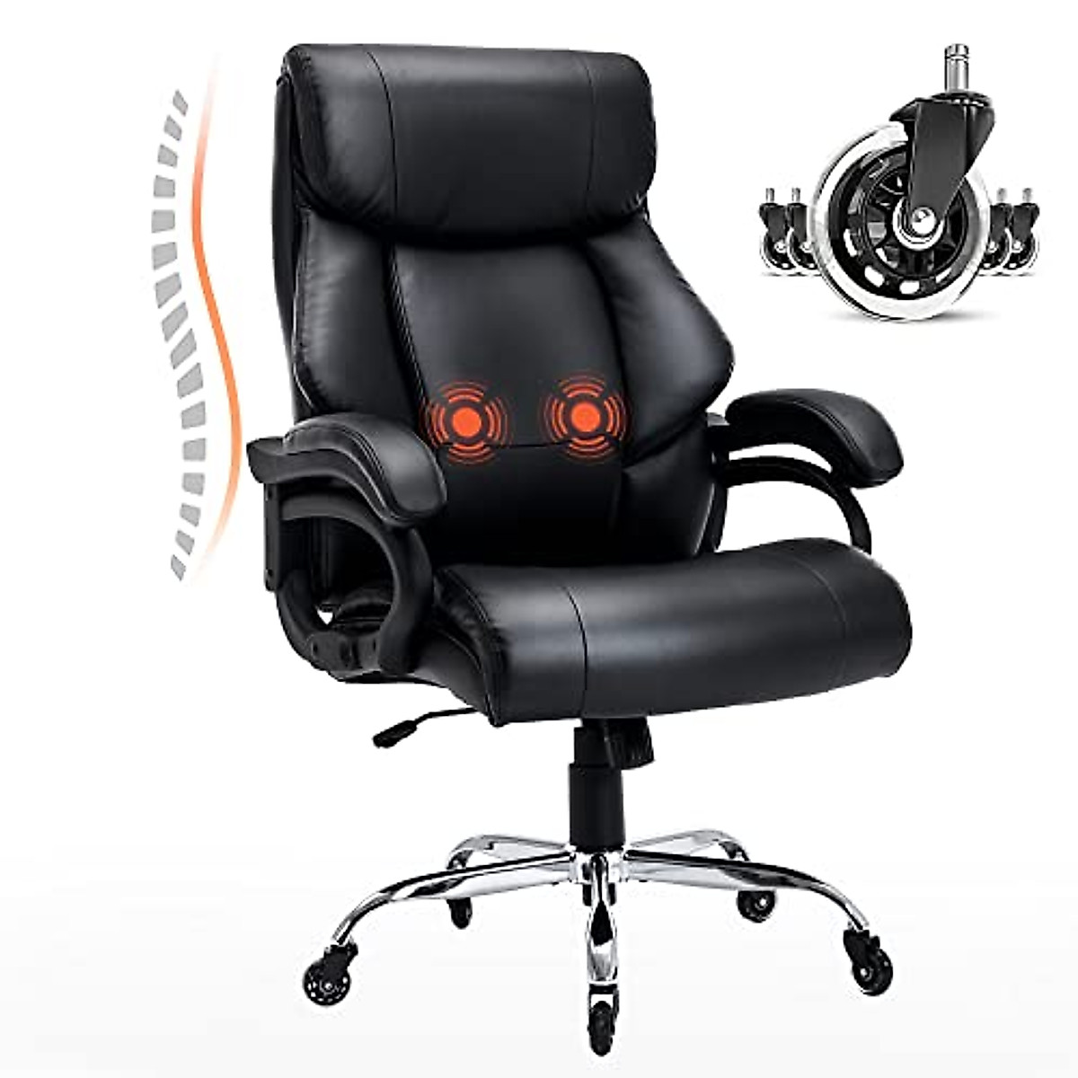 Big and Tall Office Chair 400lbs, Massage Office Chair 2-Point Vibration, Heavy Duty Executive Desk Chair with Thick Padded Strong Metal Base Quiet Wheels,Ergonomic Design for Back Pain, Black